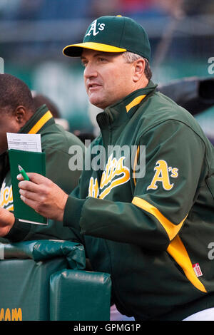 Oakland Athletics manager Bob Geren, top left, talks to pitchers at the ...