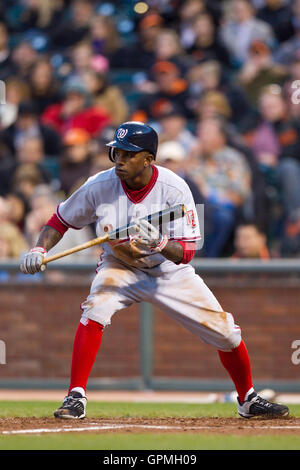 Washington Nationals center fielder Nyjer Morgan (1) makes the catch ...