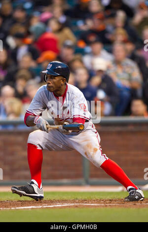 Washington Nationals center fielder Nyjer Morgan (1) makes the catch ...