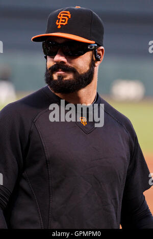 San Francisco Giants relief pitcher Caleb Kilian reacts after giving up ...
