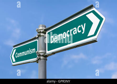 Dictatorship or Democracy sign to show concept of government types ...