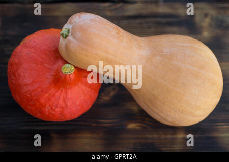 Red pumkin and yellow calabash with hard rind laying diagonally on dark ...