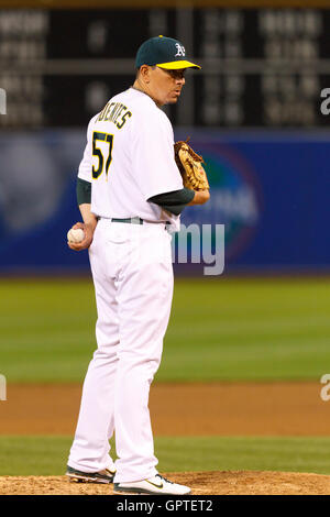 Oakland Athletics relief pitcher Brian Fuentes is seen in action during ...