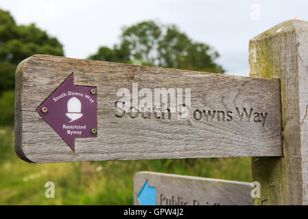 A wooden signpost on the South Downs Way near Ditchling, East Sussex ...