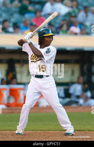 Oakland Athletics' Jemile Weeks (19) left, congratulates teammate ...