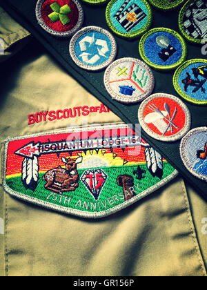 Boy scout in uniform with sash of badges Stock Photo - Alamy