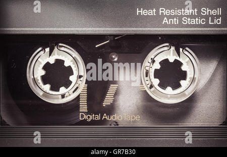 Details of an old dusty digital audio tape, retro technology from the ...
