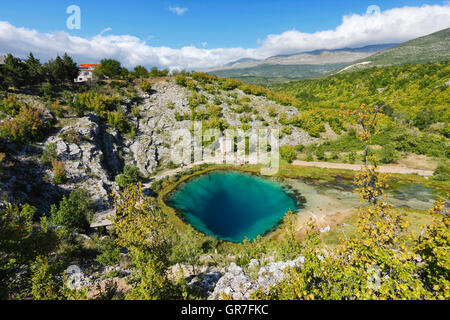Aerial view about Cetina River Spring (Izvor Cetine), also known as the ...