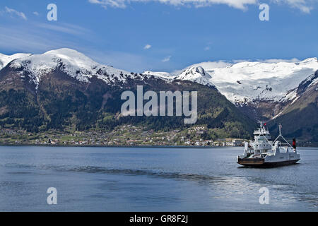 by boat between mountains on the Sognefjord in Laerdal, Norway Stock ...
