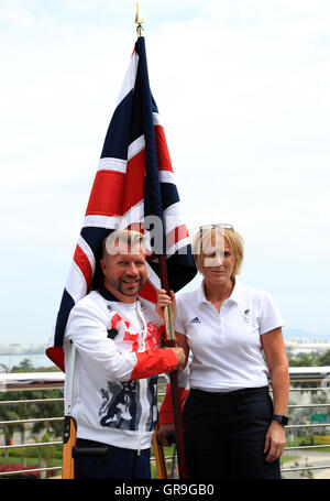 Lee Pearson with Chef de Mission Penny Briscoe during the ParalympicsGB ...