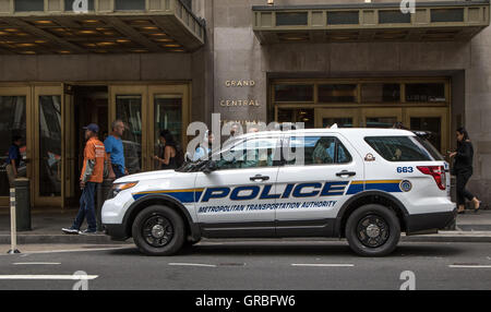An MTA Police vechicle is parked by a Lexington Avenue entrance to the ...