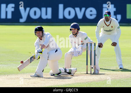 Andrew Hodd in batting action for Yorkshire as James Foster looks on ...