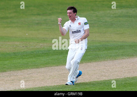 Matt Salisbury of Essex celebrates the wicket of Saeed Ajmal ...