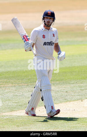 Jaik Mickleburgh of Essex celebrates 150 runs for his team and is ...