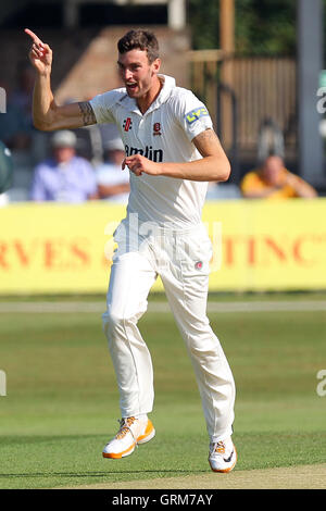 Reece Topley of Essex celebrates taking the final Worcestershire wicket ...