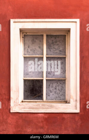 Rustic window detail with red wooden frame, peeling paint, old linen ...