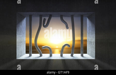 3d image broken jail bar and town background Stock Photo - Alamy