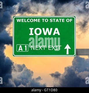 Iowa welcome roadside sign at state border with Nebraska, summer ...