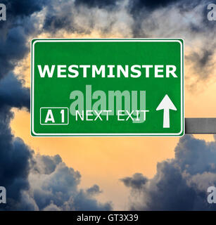 WESTMINSTER road sign against clear blue sky Stock Photo - Alamy