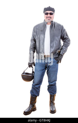 Jaunty trendy middle-aged man with a goatee wearing a grey leather ...