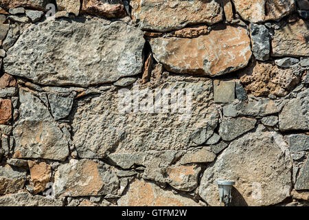 Close up of the façade of a brick wall with weathered yellow paint and ...