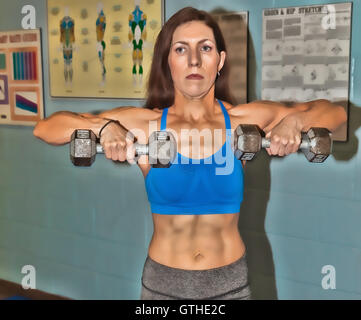 Female bodybuilder and fitness expert ,age42, is working out in a Gym ...