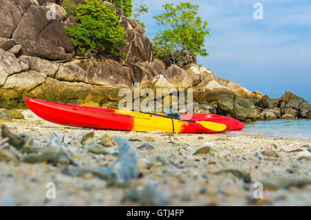 Red yellow kayaks on the tropical beach, Lipe island, Thailand Stock ...