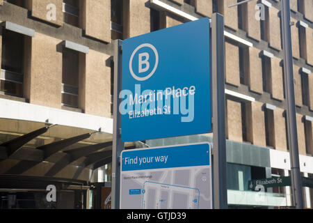 Sydney bus stop interchange sign in Martin Place,Sydney city centre ...