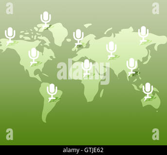 Microphone button on world map background Stock Photo - Alamy