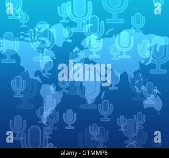 Microphone button on world map background Stock Photo - Alamy