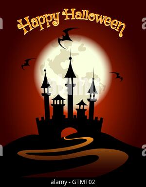 happy halloween lettering with haunted castle Stock Vector Image & Art ...