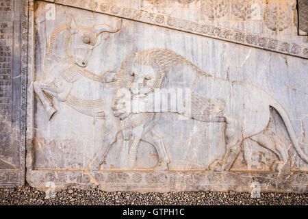 Lion biting a horse relief at Persepolis, ancient Achaemenid ceremonial ...