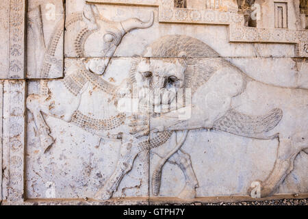 Lion biting a horse relief at Persepolis, ancient Achaemenid ceremonial ...
