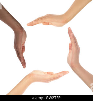 Conceptual symbol of multiracial human hands making a circle on white ...