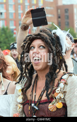 Jolly Roger flying over Liverpool Liverpool Pirate festival Stock Photo ...
