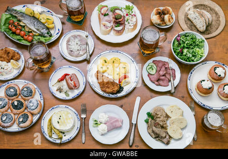 food spread out on table, meat, cheese, vegetables Stock Photo - Alamy