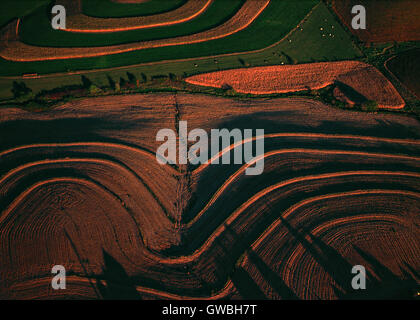 Aerial view of row crop terraces at a farm in Clayton County, Iowa ...