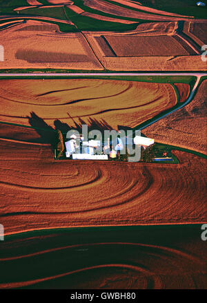 Aerial view of row crop terraces at a farm in Clayton County, Iowa ...