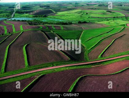 Aerial view of row crop terraces at a farm in Clayton County, Iowa ...