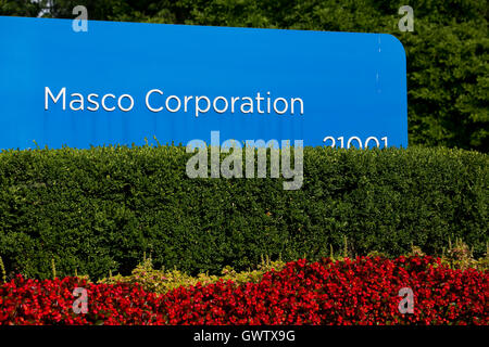 A logo sign outside of the headquarters of the Masco Corporation in ...