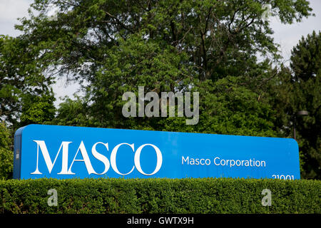 A logo sign outside of the headquarters of the Masco Corporation in ...