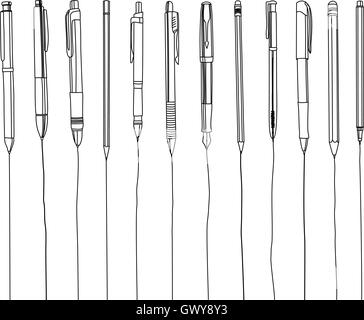 Pencils Outline graphics set hand drawn vector illustration, pen clipart bundle Stock Vector ...