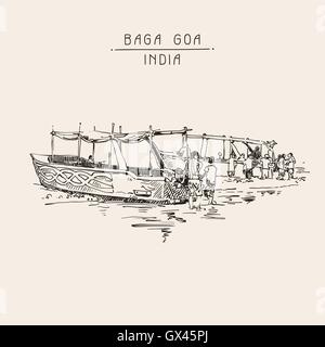 India Calangute Beach sketch drawing with two boats ashore Stock Vector ...