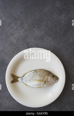 Fish on a white plate, on cement background Stock Photo - Alamy