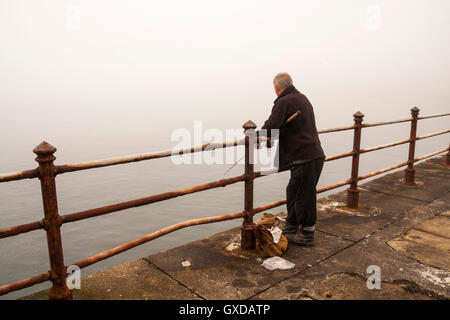 Man leaning on railings on sea front Stock Photo - Alamy