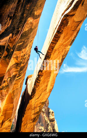 A Climber hanging from the rope descending a rock wall Stock Photo - Alamy