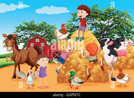 Farm scene with children playing illustration Stock Vector Art ...