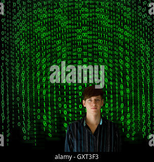 Nerd computer businessman on matrix binary background Stock Photo - Alamy
