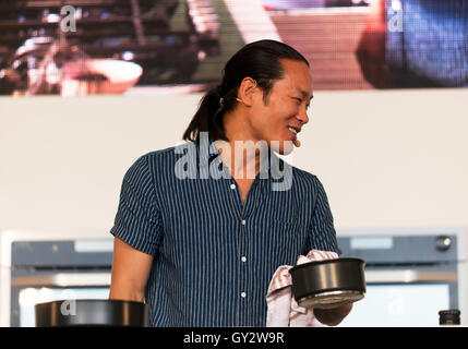 Jun Tanaka giving a cooking demonstration, on the Chefs' Stage at the ...