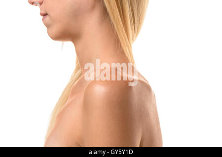 Protruding collar bones and side view of the chin and shoulder of an ...